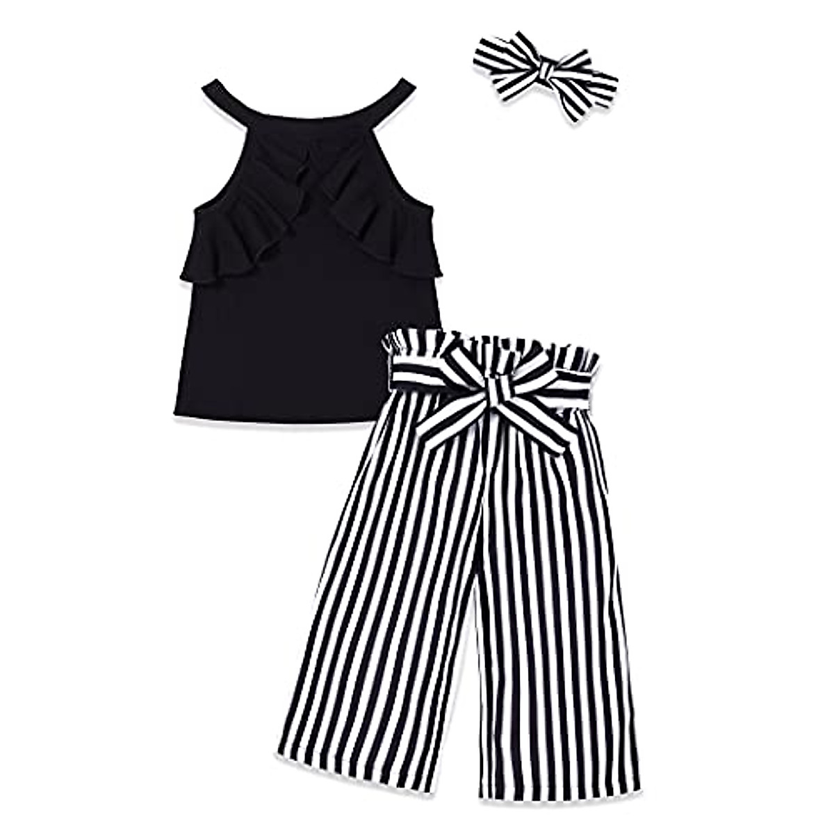 MIGU Girls Clothes Size 5T-6T Girls Clothes Summer Outfits black Sleeveless T-shirt Top + Stripe Pants + Headband 3Pcs Kids Girls Clothes Little Girl Clothes Size 5t 6t