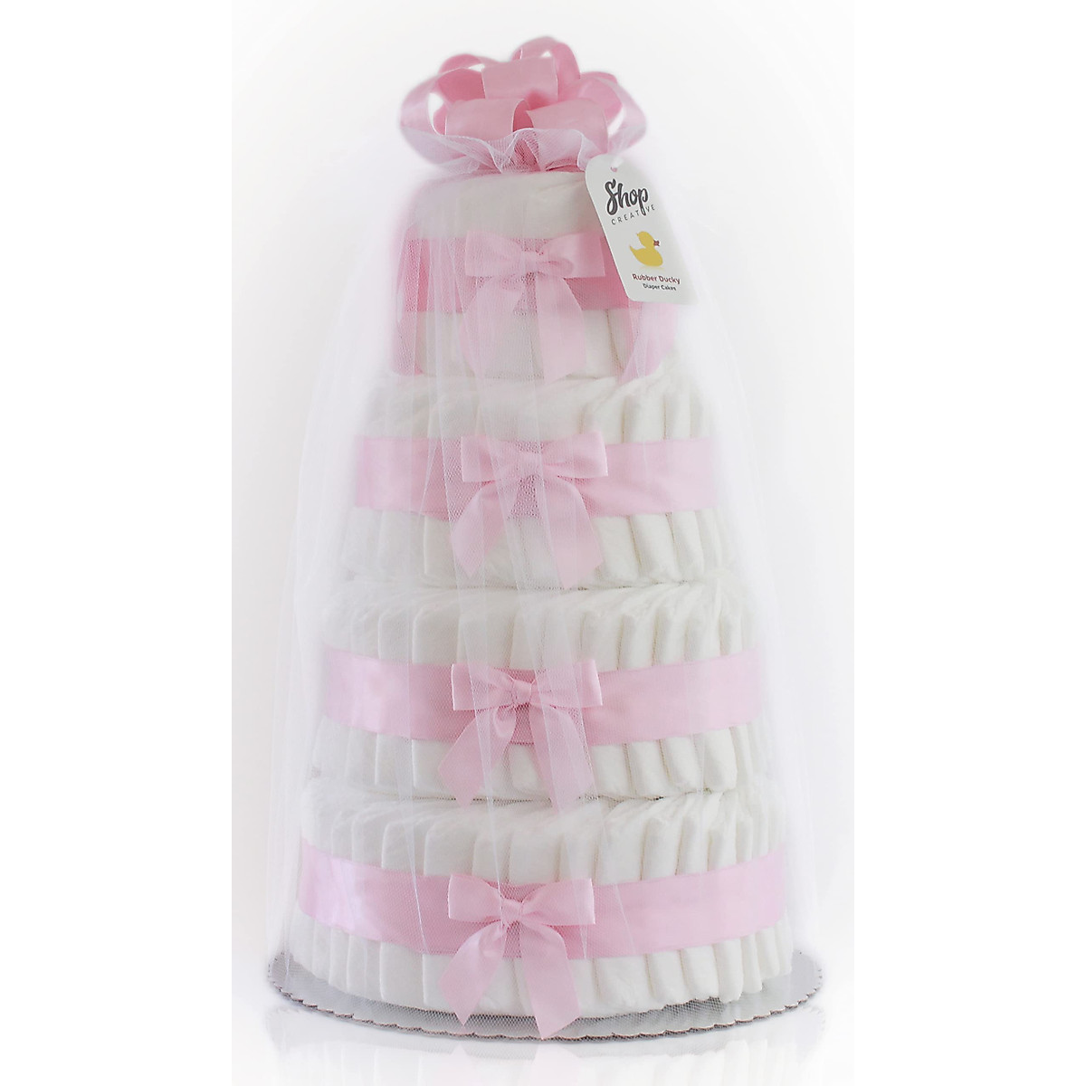 Classic Pastel Baby Shower Diaper Cake (4 Tier, Pink)…