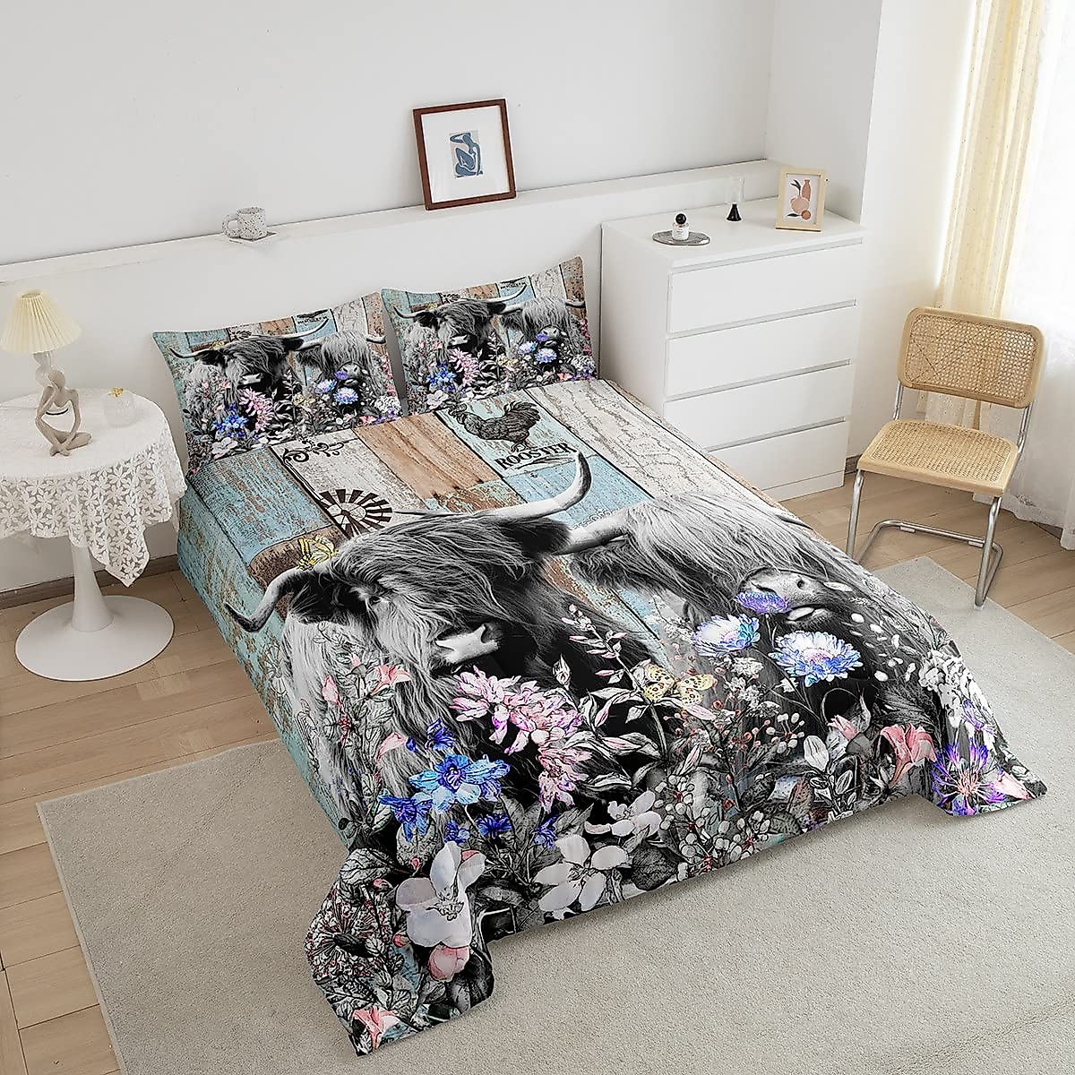 Highland Cattle Full Size Comforter Set,Farmhouse Cow Wild Animals Flowers Bedding Comforters Bedroom Collection,Rustic Country Wooden Board Bedding Set for Girls Teens