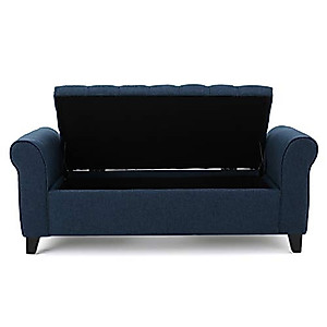 Christopher Knight Home Keiko Fabric Armed Storage Bench, Dark Blue, Dimensions: 19.75”D x 50.00”W x 20.5”H