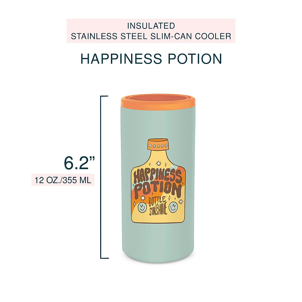Insulated Stainless Steel Slim-Can Cooler by Studio Oh! - Happiness Potion - 12-Ounce Double-Wall Construction with Full-Color Artwork & Secure Screw-On Lid