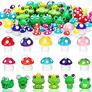 62 Pieces Mini Mushrooms and Frogs Miniature Figurines Fairy Garden Animals Model Tiny Mushrooms Frogs Ornaments Miniature Decor Statue DIY Craft for Home Party Supplie(Multicolor)