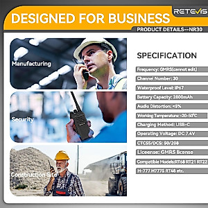 Retevis NR30 Two Way Radios Long Range, IP67 Waterproof Walkie Talkies Adults, Noise Cancelling, 700,000 sq. ft/50 Floor Range 2 Way Radio Set (6Pack)