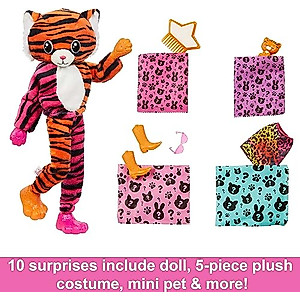 Barbie Cutie Reveal Fashion Doll, Jungle Series Tiger Plush Costume, 10 Surprises Including Mini Pet & Color Change