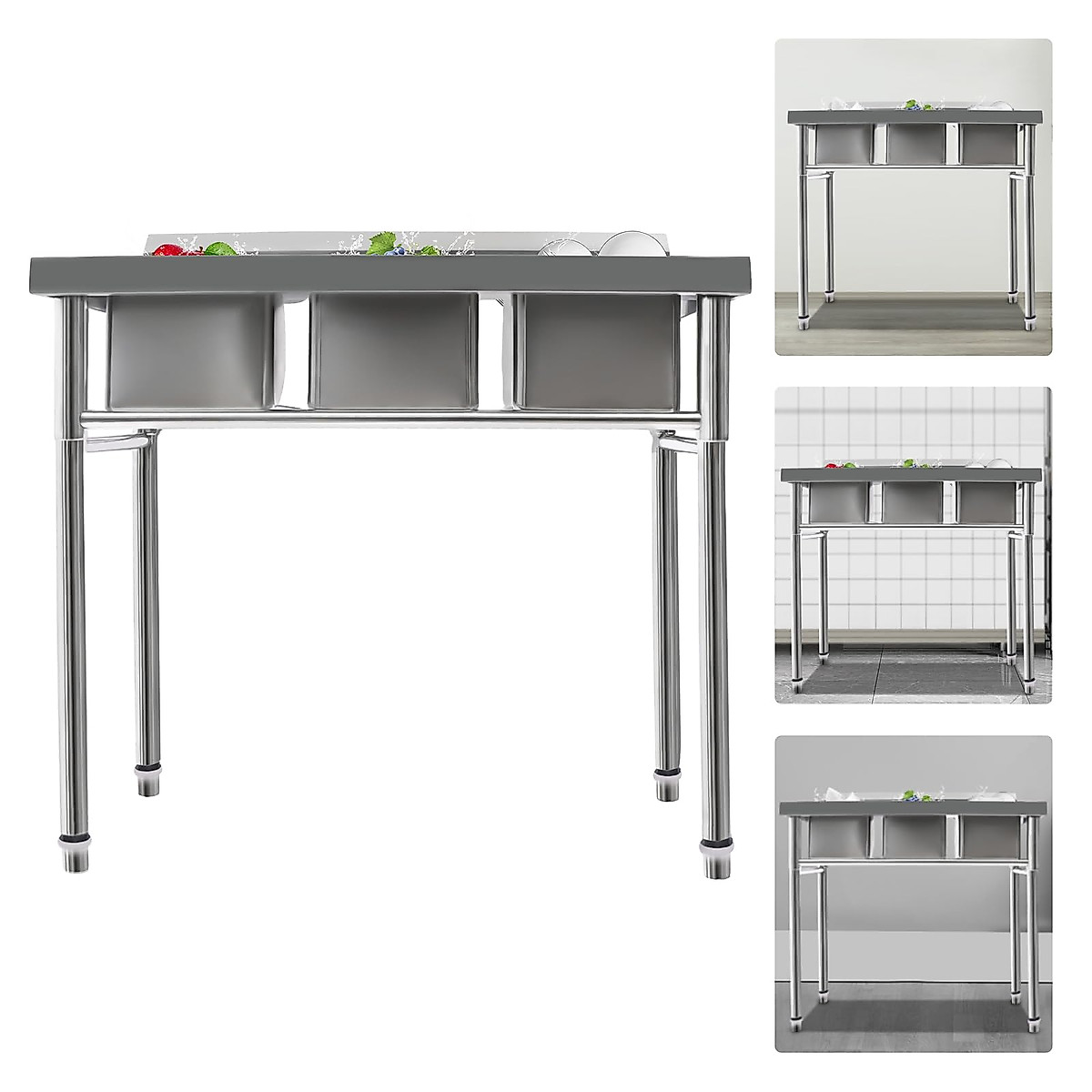 Florchest Standing Three Bowl Kitchen Sink Set, 3 Compartment Commercial Kitchen Sink Stainless Steel/Garage Prep & Utility Sink for Restaurants Kitchen, Laundry Room,Outdoor