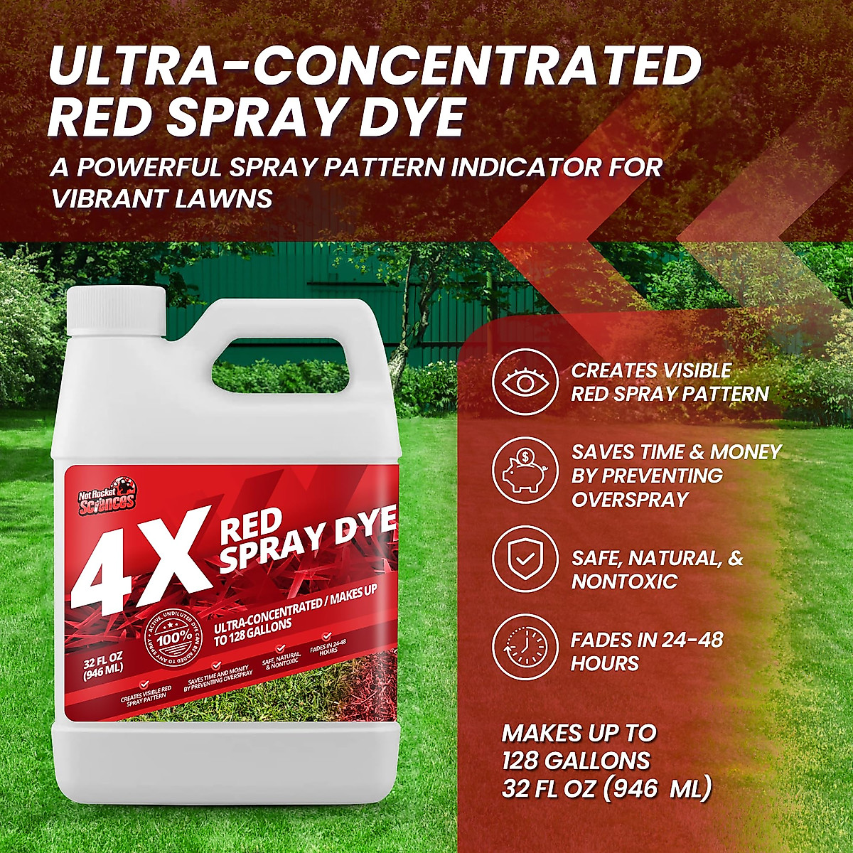 4X Red Spray Dye - Concentrated Spray Pattern Indicator Dye, Ideal Fertilizer Marking Dye, Lawn Turf Mark and Marker, Easily Mark Where You've Sprayed, Safe & Non-Staining Spray Indicator Dye, 32 oz.