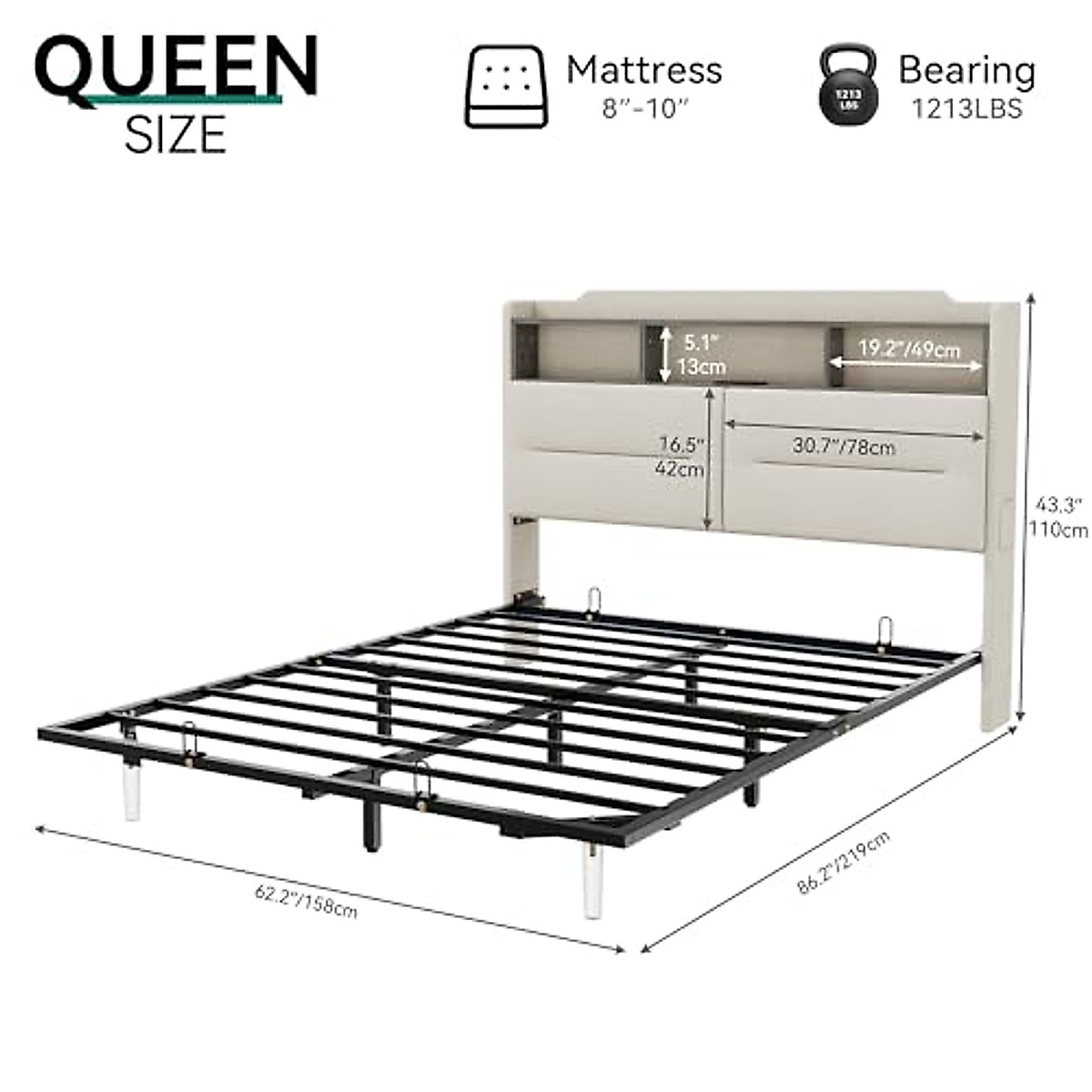 YITAHOME Queen Size Floating Bed Frame, Upholstered Platform Bed with Hidden Storage Headboard, RGB Bed Frame with USB-C/A Charging Station, No Box Spring Needed, Beige