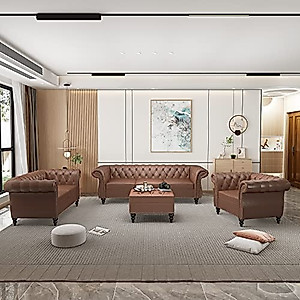 Chesterfield Loveseat, Modern Leather Sofa Tufted Couch 2 Seater with Rolled Arms and Nailhead for Living Room, Bedroom, Office, Apartment (Dark Brown)