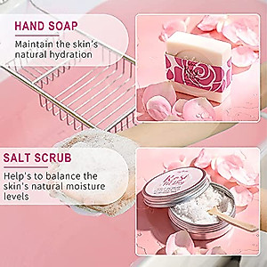 BFF LOVE 6Pcs Spa Gifts for Women, Bath Gift Set, Rose Gift Baskets for Women, Spa Kit with Essential Rose Oil, Bath Salt, Soap, Natural Petals, Mothers Day Gifts for Her