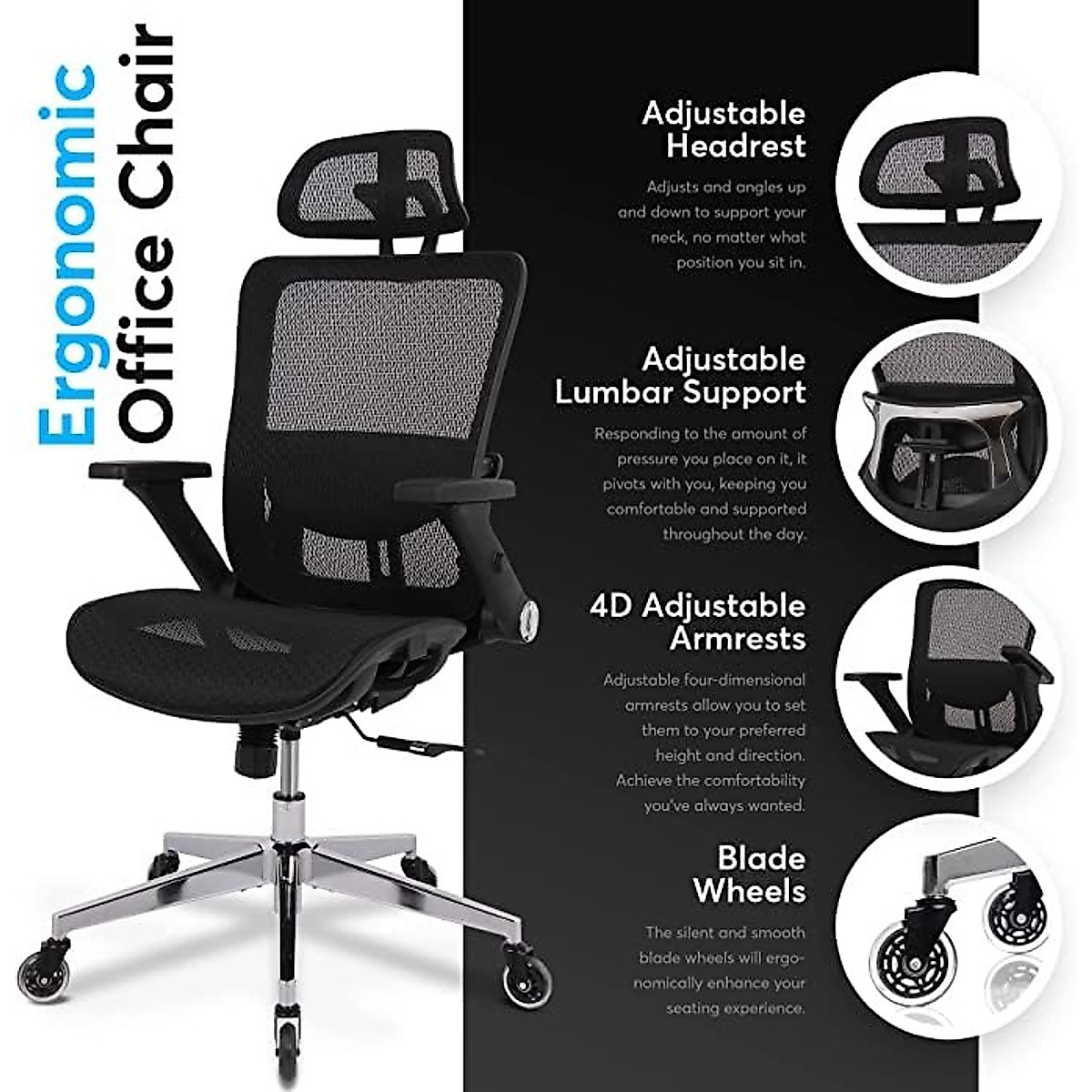 Office Chair, High Back Ergonomic Desk Chair, Breathable Mesh Desk Chair with Adjustable Lumbar Support and Headrest, Swivel Task Chair with Armrests, Executive Chair for Home Office (Black)