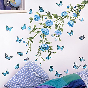 Ellis Kas Branch Blue Flower Wall Sticker Butterfly Wall Sticker Butterfly Removable Vinyl Home Stickers Murals Art Decor for Living Room Nursery Room Bedroom Office Bathroom