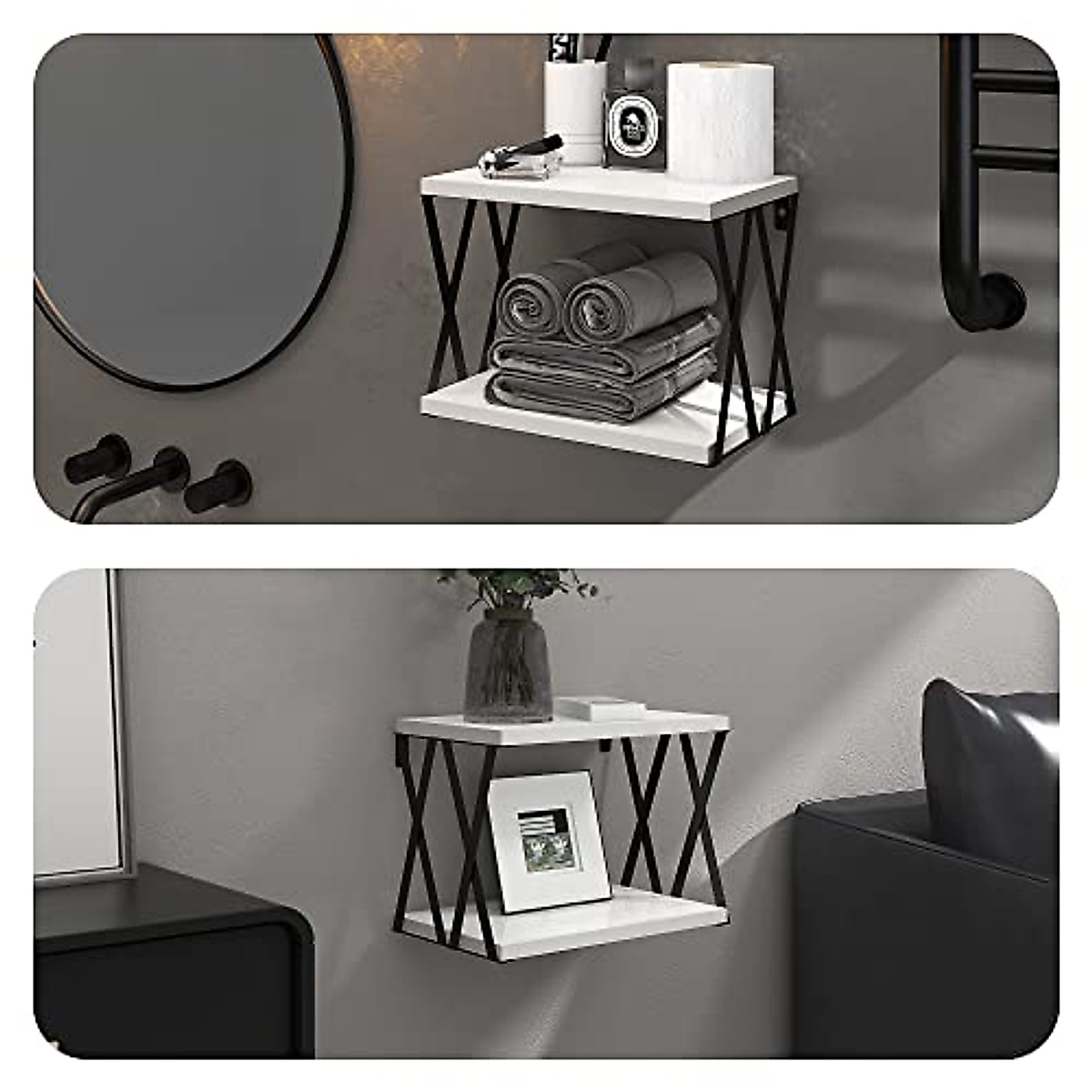 Afuly Bedside Table Wall Mounted, 2 Tier Rustic Wood Floating Nightstand for Bedroom Decor Storage, Black Wall Bedside Shelf for Home Livingroom Bathroom Kitchen Decorative