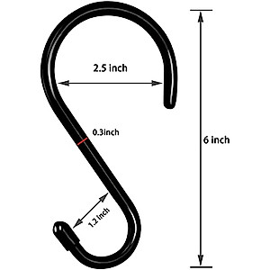 LEBERY 6 Inch S Hooks, 6Pcs Large Vinyl Coated Heavy Duty Non Slip S Hanging Hooks, 7mm Thickness Metal Black S Shaped Hanger Hooks for Hanging Plants, Closet, Garden