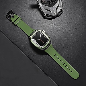 SUPWATCH Stainless Steel Case Rubber Bands Women for Apple Watch Series 8/7 45mm 44mm Accessories, Men Rm Integrated Bracelet Metal Crown Cover Mod Kit for Smart Watches 6/5/4/se (Color : Gold-b, Si