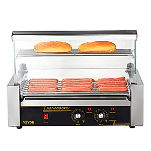 VEVOR Hot Dog Roller 7 Rollers 18 Hot Dogs Capacity 1050W Stainless Sausage Grill Cooker Machine with Dual Temp Control Glass Hood Acrylic Cover Bun Warmer Shelf Removable Oil Drip Tray, ETL Certified