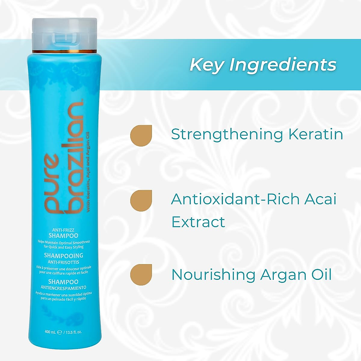 Pure Brazilian Anti-Frizz Daily Shampoo, Salt-Free, Color Safe, with Keratin, Argan Oil & Acai for Prolonged Treatment & Smooth Hair, 13.5 O