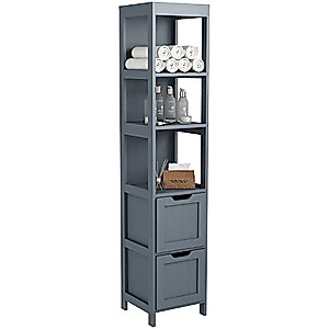 HOMEFORT Bathroom Storage Cabinet, Slim Tall Cabinet, Narrow Floor Cabinet Organizer, Wooden Linen Tower with 2 Drawers and 3 Shelves, Freestanding Storage Cupboard (Grey)