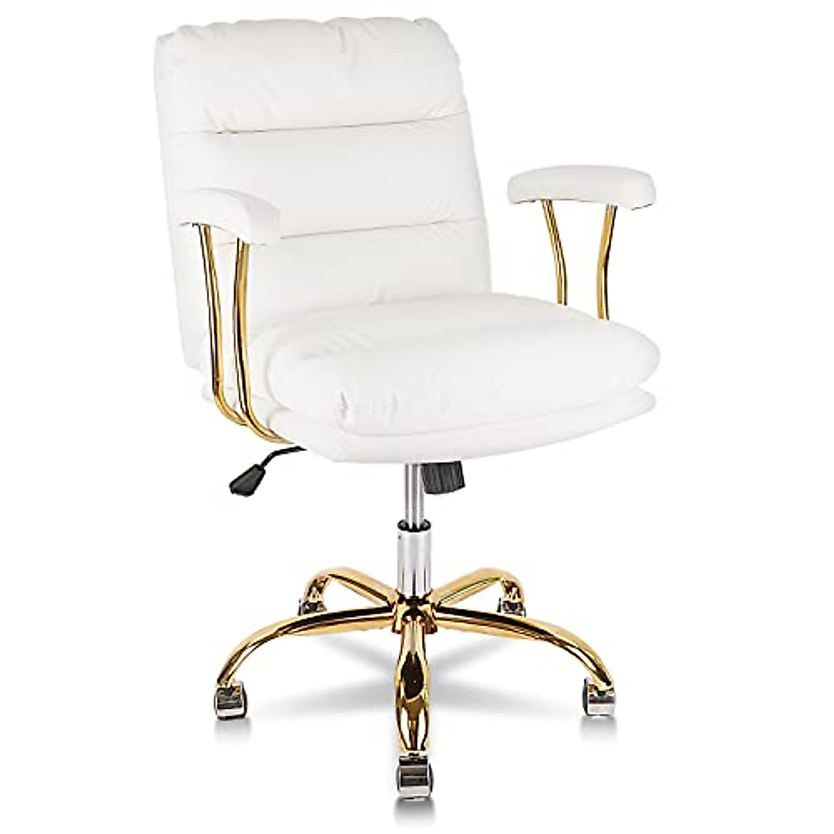 KLASIKA Ergonomic Office Desk Chair for Heavy People with Wheels and Arms, Faux Leather Computer Chair for Home Bedroom Office, White Chair Gold Caster