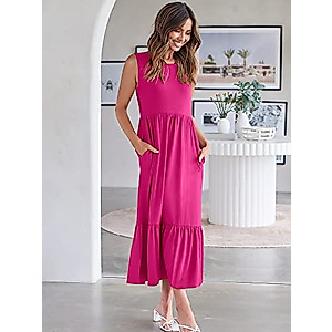 ANRABESS Women's Summer Casual Sleeveless Crewneck Swing Sundress Fit & Flare Flowy Tiered Maxi Dress with Pockets 499shenmeihong-XL Rose