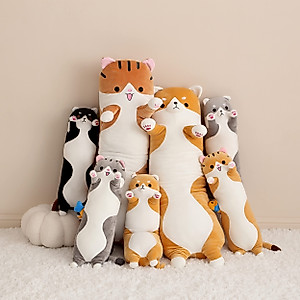 PEACHCAT Long Cat Plush Pillow Cute Kitty Body Pillow with Kawaii Fish Plushie Toy Stuffed Animal for Girls and Boys Gray 35.4"