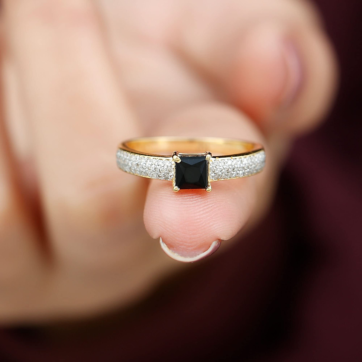 Black Spinel and Diamond Engagement Ring, Princess Cut Black Spinel and Gold Engagement Ring, 14K Yellow Gold, Size:US 6.00