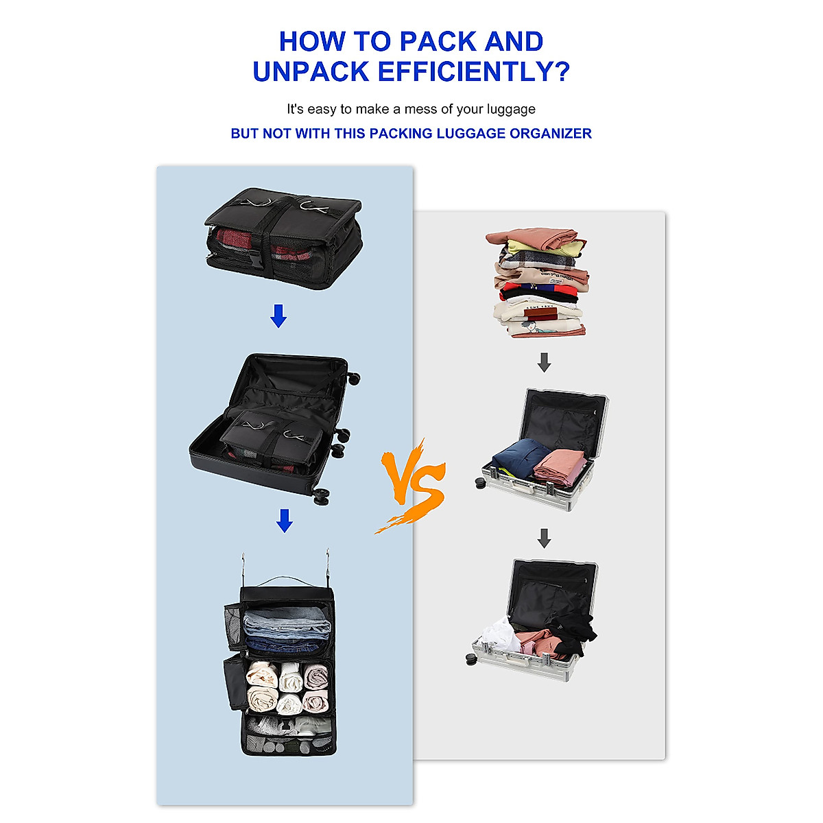 ELEZAY Hanging Packing Cubes Portable Closet 3-Shelf Travel Collapsible Compression Garment Organizer for Carry-on Luggage Suitcase Space Saver Bag X-Large_No Side Pockets, Black