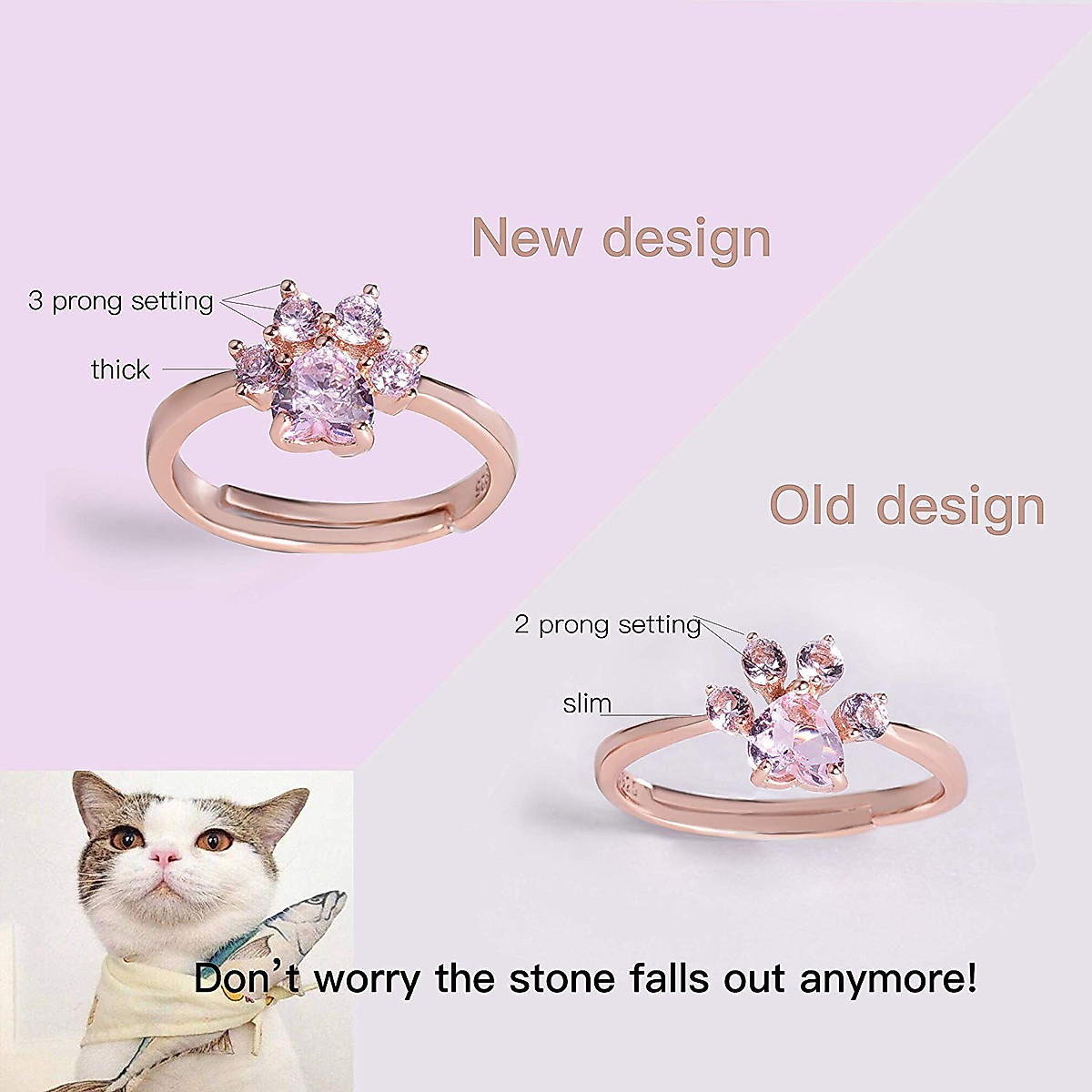 Meow Star Cat Paw Ring Rose Gold Rings Pink Crystal Rings Cubic Zirconia Cat Ring for Women Cat Lovers (Rose Gold 5#)