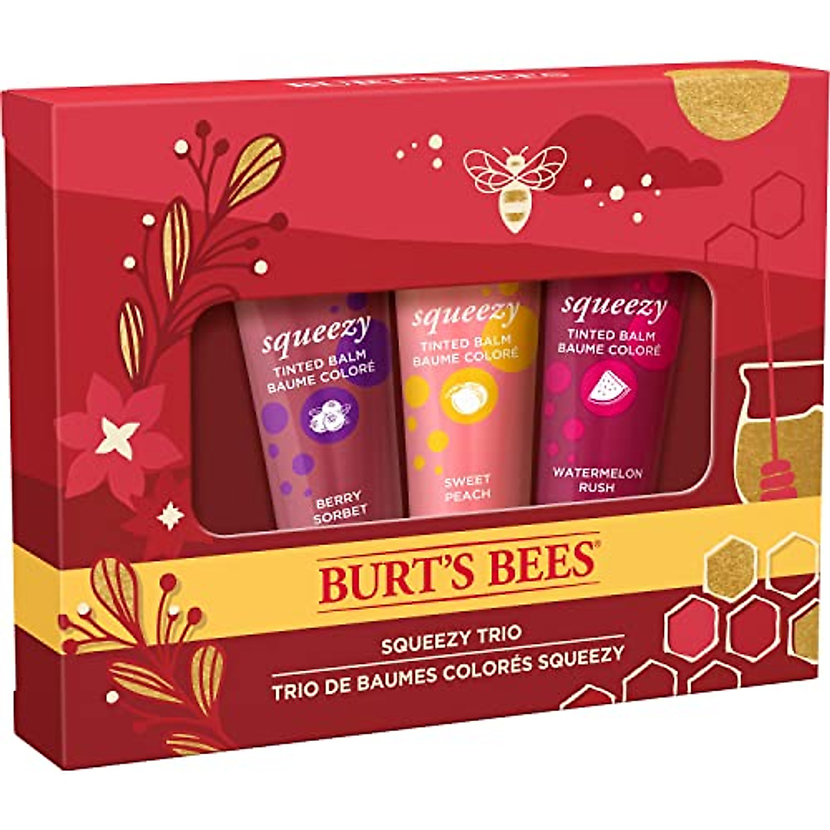 Burt's Bees Christmas Gifts, 3 Lip Care Stocking Stuffers Products, Squeezy Trio Tinted Lip Balm Set - Berry Sorbet, Sweet Peach & Watermelon Rush