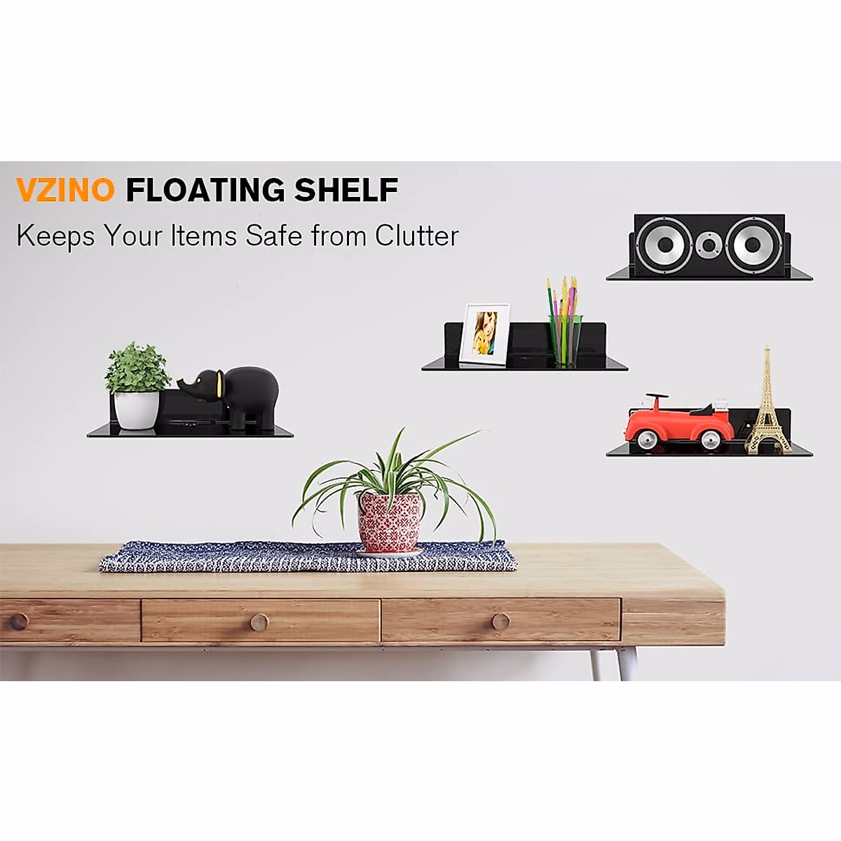 VZINO Small Adhesive Wall Shelf Set of 4, No Drill Acrylic Floating Shelves for Expand Space, Preppy Room Decor, Small Display Shelf for Smart Speaker /Action Figures with Cable Organizer