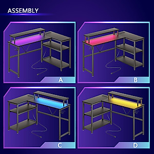 HEEYUE L Shaped Gaming Desk with Power Outlets & LED Strip Lights,Computer Desk with Large Monitor Stand,Corner Desk with Storage Shelf,Headphone Hook&Cup Holder for Home Office