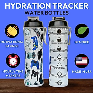 24oz Kids Tritan Water Bottle – Video Game Gamer Theme – BPA-Free, Shatterproof, Lightweight with Hourly Time Markings – Chug Cap & Carry Loop – Reusable for School, Sports & Daily Hydration