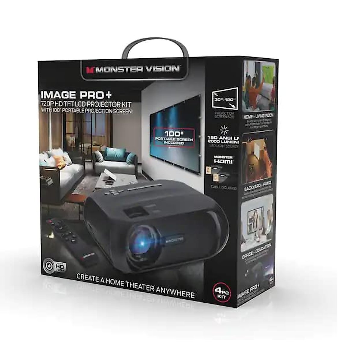 Monster Image Pro 720 HD Extra-Bright LCD Projector, 2000 Lumens, Projects Up to 16ft, Max Resolution: 1080 HD, Universal Image/Audio/Video Support, AV/USB/HDMI/SD Input