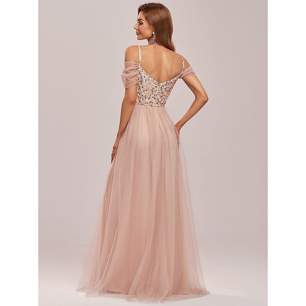 Ever-Pretty Womens Maxi Short Sleeves Straps V Neck A-line Tulle Bridesmaid Dress Rose Gold US14