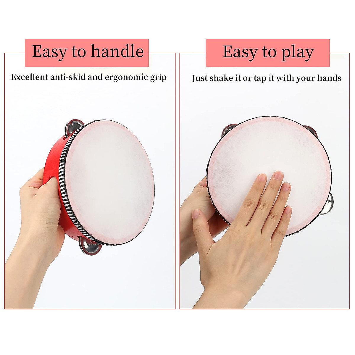Dreokee 6 Inch Tambourine Red Wooden Handheld Tamborine with 4 Pair Metal Jingle Bells Percussion Instrument Musical Instrument Tambourines for Adults Party Education Church