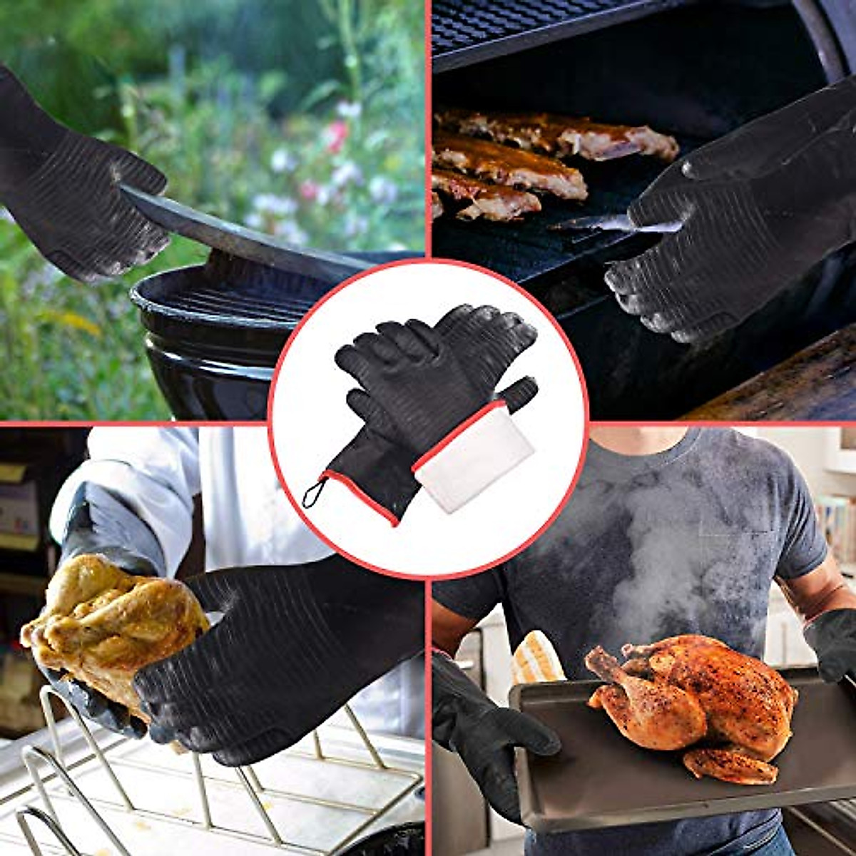 Rayocon BBQ Grill Gloves 932°F Heat Resistance Barbecue Grilling Gloves Smoker Kitchen Oven Mitts Cooking Gloves for Turkey Fryer/Smoking/Baking/Welding/Frying(14 INCH)