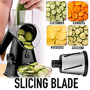 Zulay Kitchen Rotary Cheese Grater with Upgraded Suction - Round Cheese Shredder Grater with 3 Replaceable Stainless Steel Drum Blades - Easy To Use & Clean - Vegetable Slicer & Nut Grinder (Black)