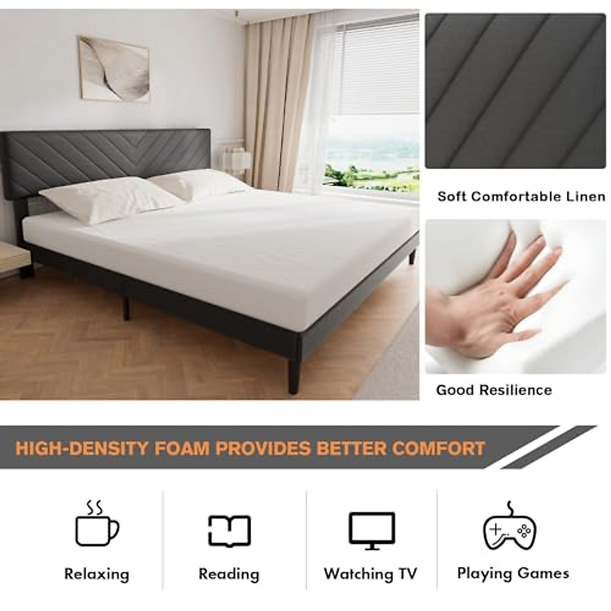 MTSVMP Queen Size Upholstered Platform Bed Frame with High-Adjustable Headboard and Solid Wood Slats Support, Non-Slip and Noise-Free,No Box Spring Needed, Easy Assembly (Queen)