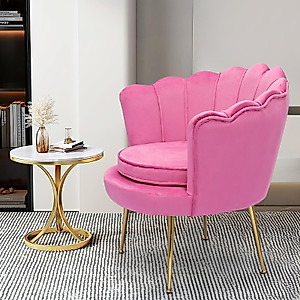 MoNiBloom Upholstered Velvet Accent Chair Elegant Mid-Century Modern Pink Shell Chair w/Cushion and Golden Legs, Retro Leisure Tufted Flower Chair for Living Room Bedroom Reading Areas