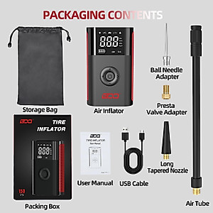 BDO 150 PSI Portable Air Compressor Pump for Car, Motorcycle, E-Bike - Tire Inflator with Pressure Gauge and 2X Inflation Cord