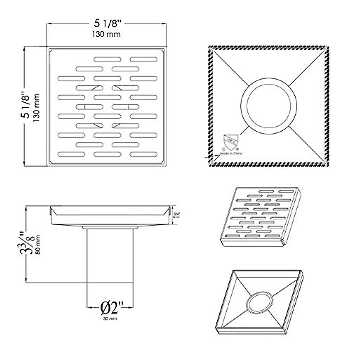 ALFI brand ABSD55C 5" x 5" Modern Square Stainless Steel Shower Drain with Groove Holes, Silver