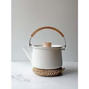 Kaico Kettle 1.45L(49oz) By Makoto Koizumi Spotless Enamel-Coated Steel Stunning Beech Wood Handle Maple Knob Clean Minimalist Design Brightening Kitchen