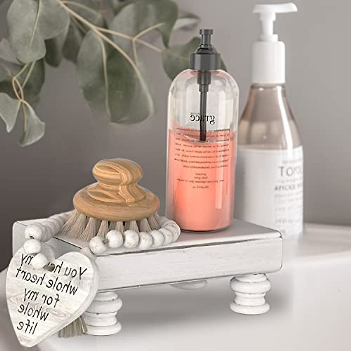 TULIADU Rustic Wood Riser for Kitchen & Bathroom Counter Decor,Farmhouse Wood Pedestal Stand for Decor,Wooden Display Tray for Fragrances, Plant pot decor (White)