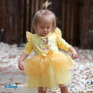 Disney Princess Belle Baby Girl Dress Tulle Tutu with Bow Long Sleeve Birthday Clothes Theme Party Dress Up Dresses Yellow 6-9 Months
