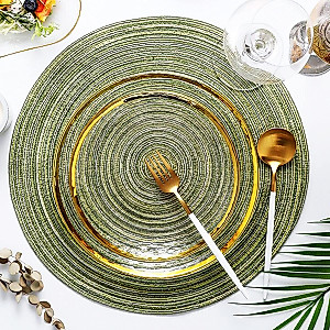 Round Braided Placemats Set of 4, Cotton Round Table Placemats 15 inch for Home Wedding Party (Green)