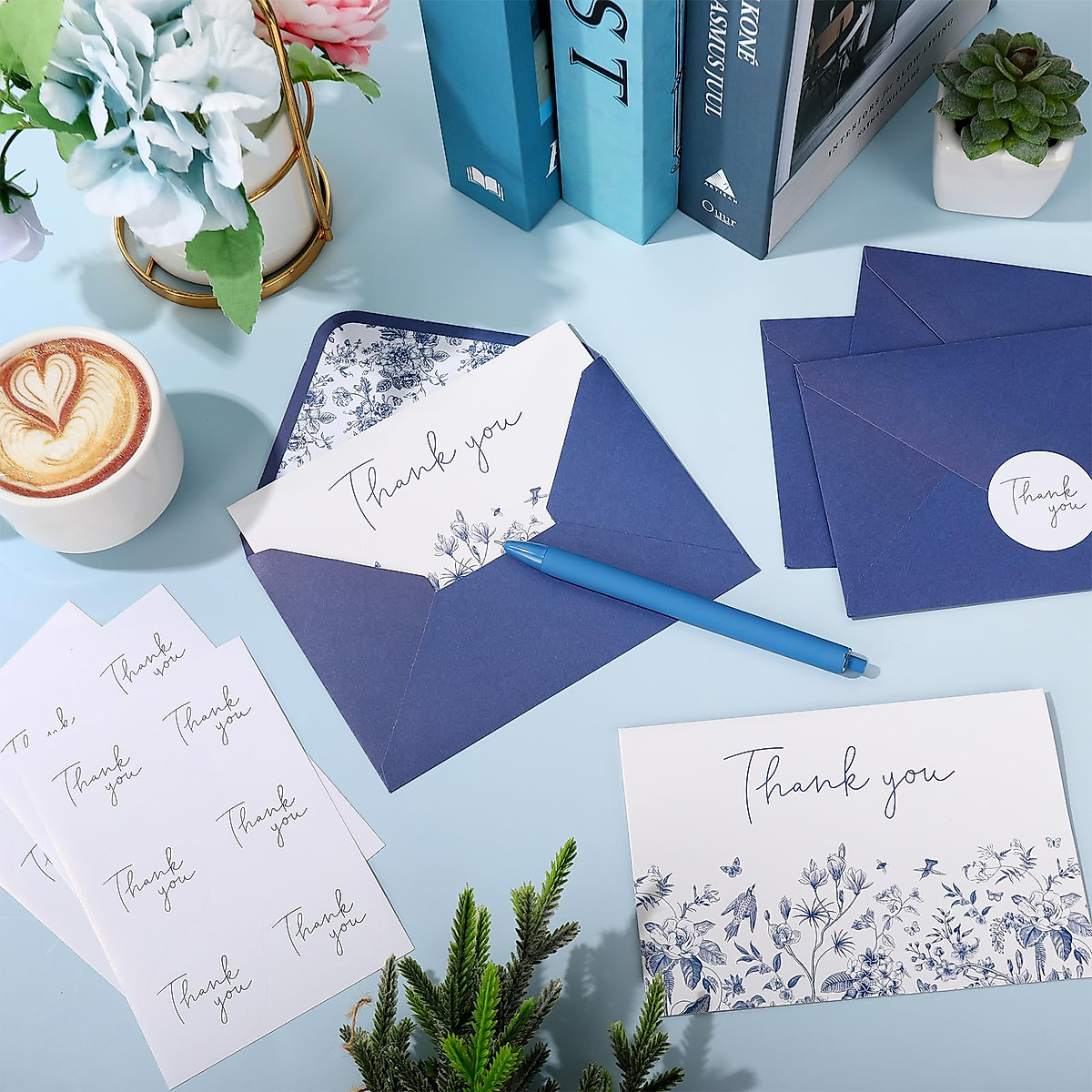 Whaline 36Pcs Blue Floral Thank You Cards with Envelope Stickers Wild Floral Thank You Note Cards for Wedding Bridal Shower Birthday Supplies