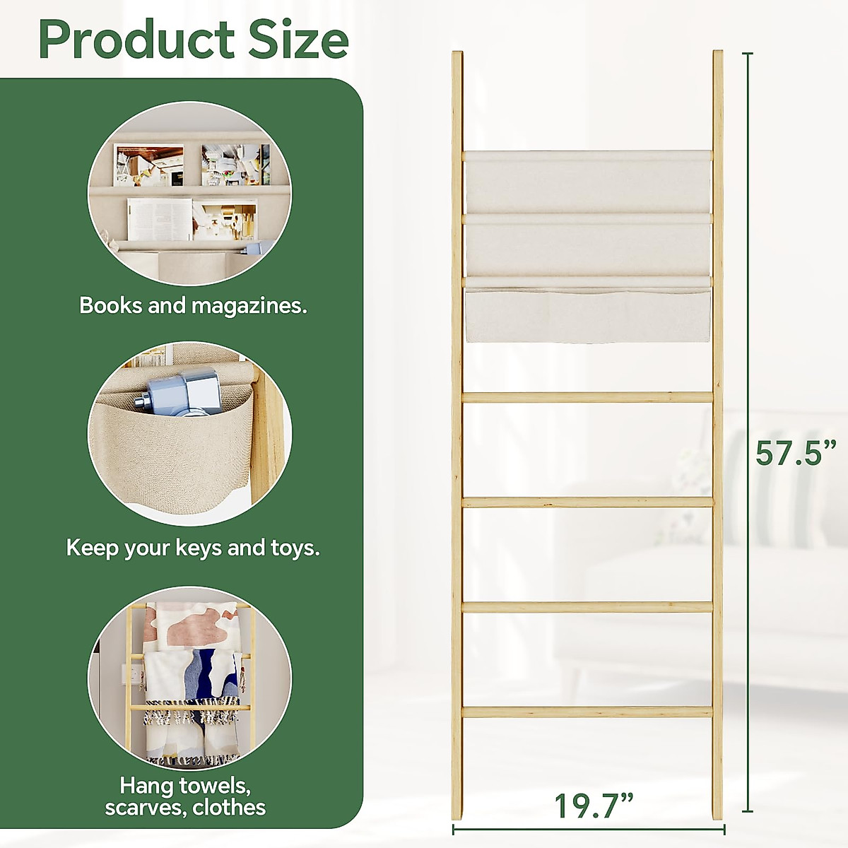 Delywh Wooden Blanket Ladder, Wood Towel Throw Blanket Ladders for The Living Room, Bedroom, Nursery, Farmhouse Decorative Ladders for Home Decor Blankets Holder Rack Display, Nature Wood