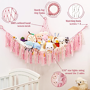 Lewondr Stuffed Animal Hammock, Dense Stuffed Animal Net or Hammock with Transitional Fringes, DIY Ribbons Great Decor Stuffed Animal Storage, 138'' Star Light String, 39'' x 39'' x 59, Pink