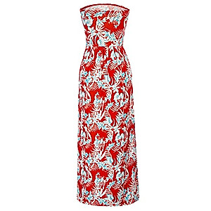 GRACE KARIN Women Strapless Casual Loose Ruched Long Maxi Dress with Pockets Blue White