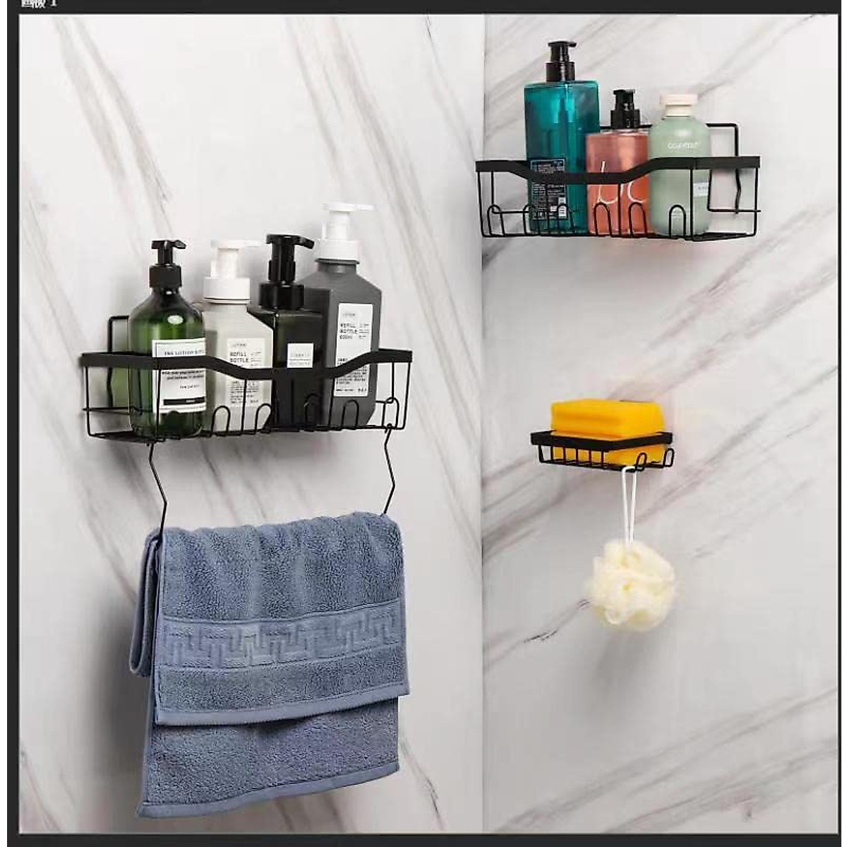 Shower Caddy Shelves, Adhesive Shower Organizer,Rustproof Stainless Steel Shower Shelf for Inside Shower, No Drilling Rustproof Bathroom Shower Caddy Basket Shelf with Soap Holder and 4 Hooks (Black)