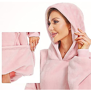 Kipswiza Wearable Hoodie Blanket for Women Flannel Warm Lightweight Long Blanket Thick Soft Big Hooded Sweatshirt Blanket for Adults Womens Girls Teenagers Teens Gifts Light-Pink